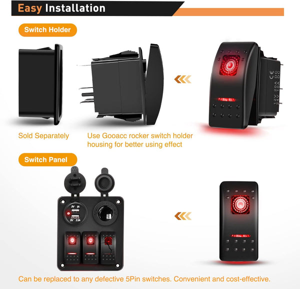 6 Packs Night Glow Stickers 5 PIN SPST Rocker Switches with Red Backli ...