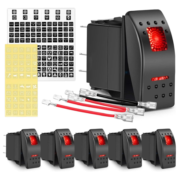 6 Packs Night Glow Stickers 5 PIN SPST Rocker Switches with Red Backli ...