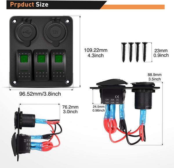 3 Gang Rocker Switch Panel with USB Charger and Cigar Lighter Green ...
