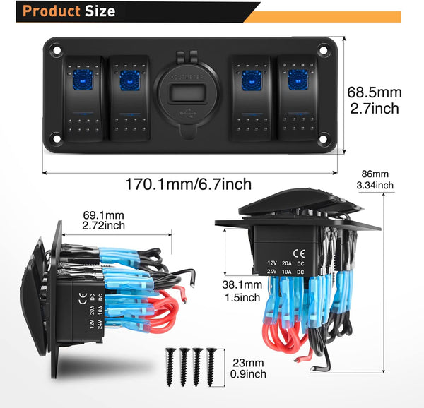 4 Gang Rocker Switch Panel Blue with QC3.0 Dual USB Charger Voltmeter ...
