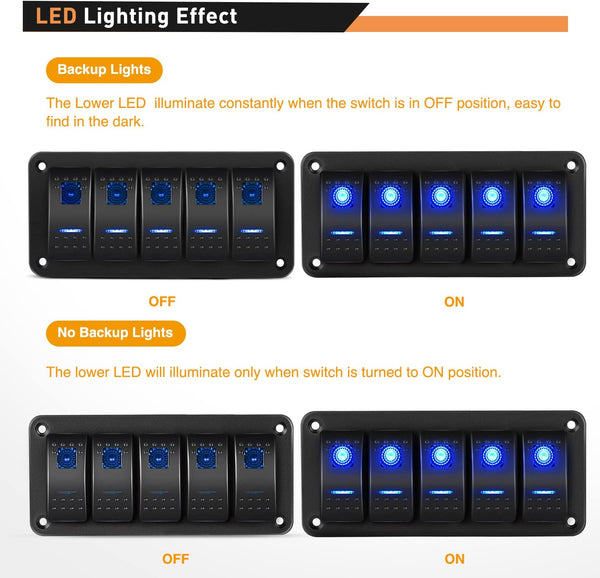 5 Gang Aluminum Rocker Switch Panel Blue – gooacc